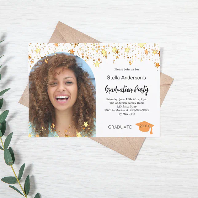 Photo arch gold stars graduation party invitation | Zazzle