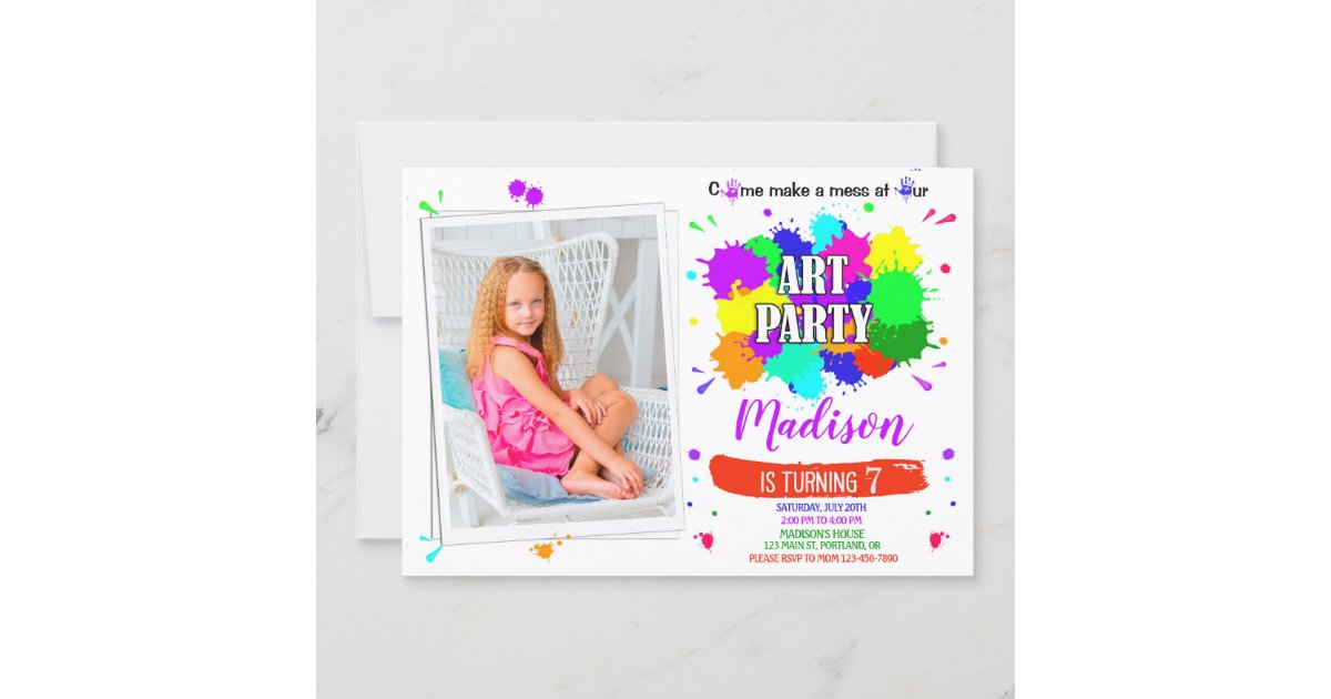 Photo Art birthday invitation Artsy paint craft | Zazzle