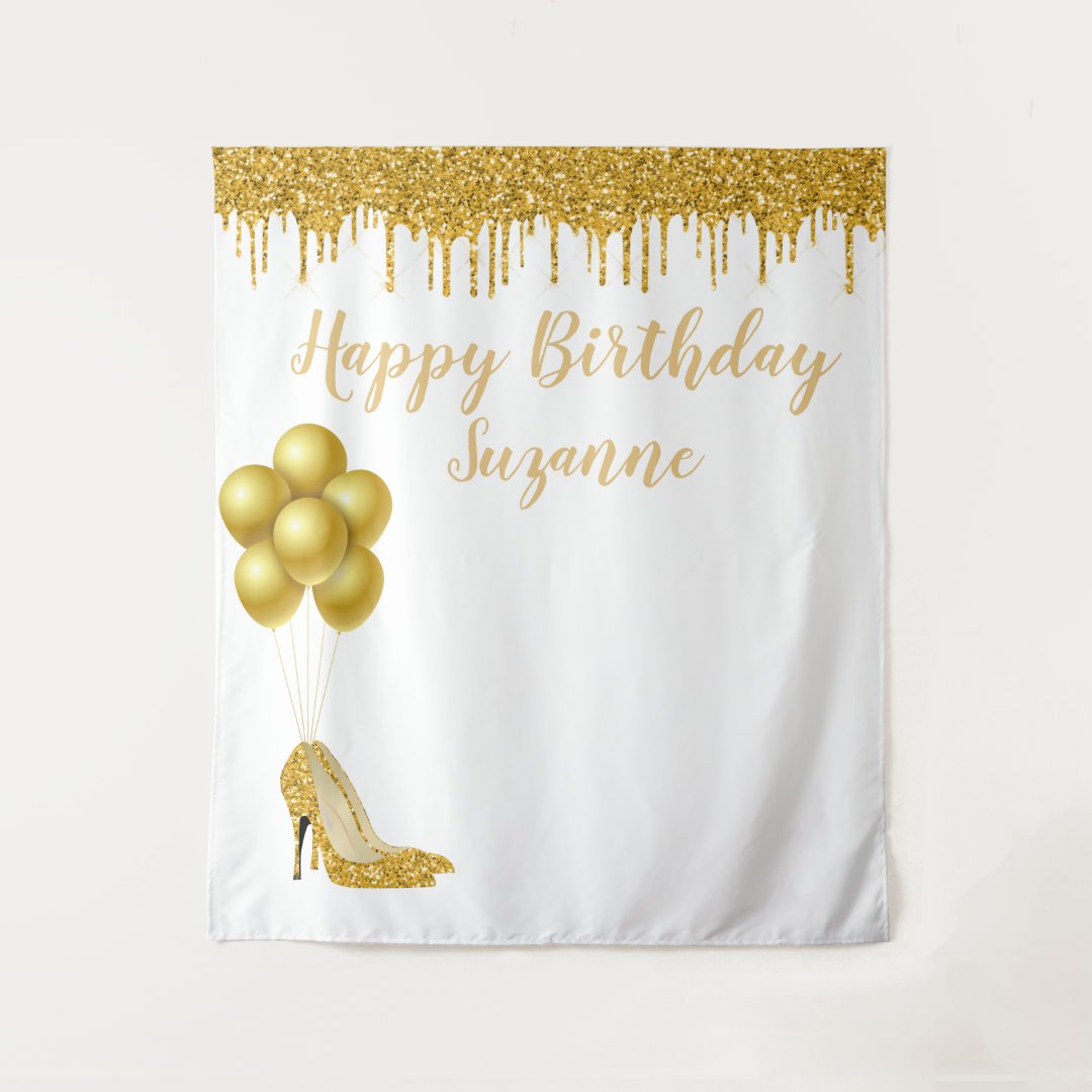 Photo Backdrop Happy Birthday Party Gold Glitter | Zazzle