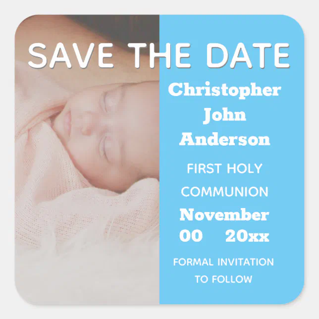 Photo Baptism Communion blue boys save the date Square Sticker | Zazzle