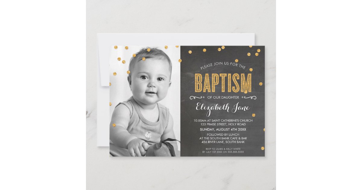 PHOTO BAPTISM gold glitter confetti chalkboard Invitation | Zazzle