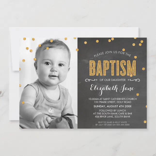 PHOTO BAPTISM gold glitter confetti chalkboard Invitation | Zazzle