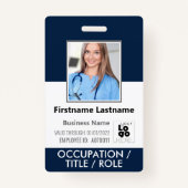 Photo, Barcode, Name and Logo Navy Blue ID Badge | Zazzle