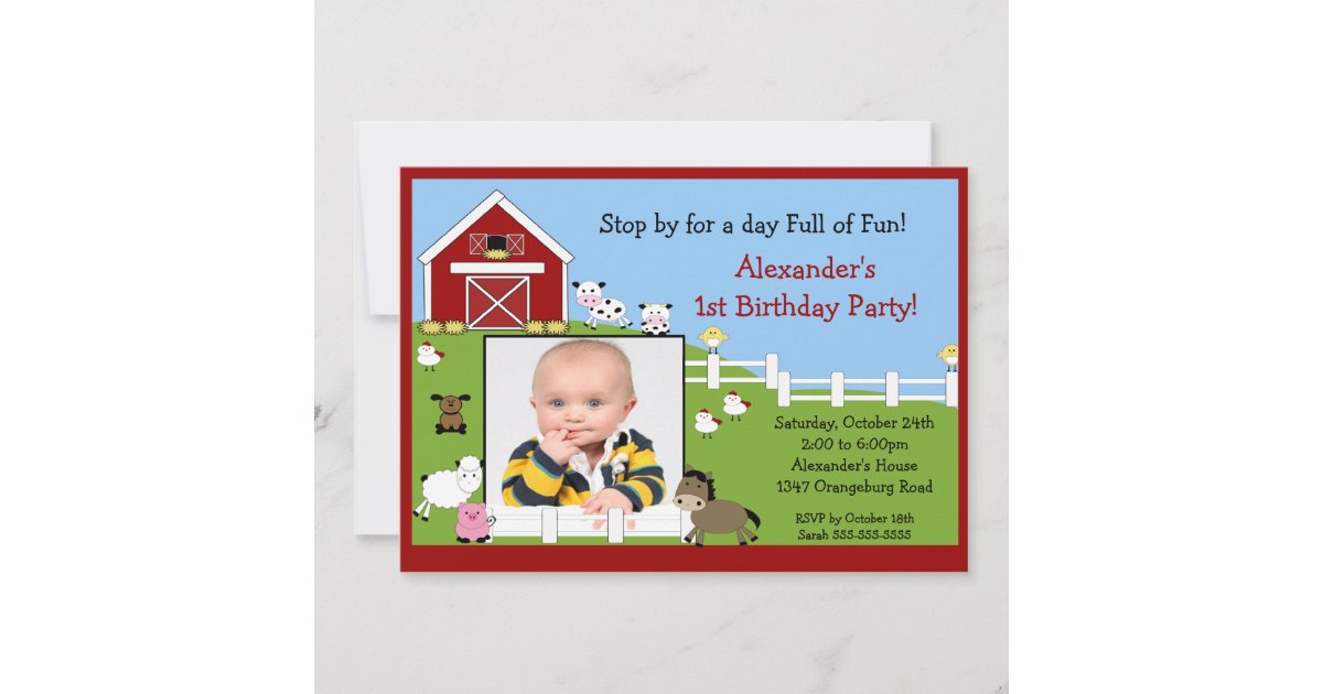 Photo Barn Animals Fun 1st Birthday Invitation | Zazzle