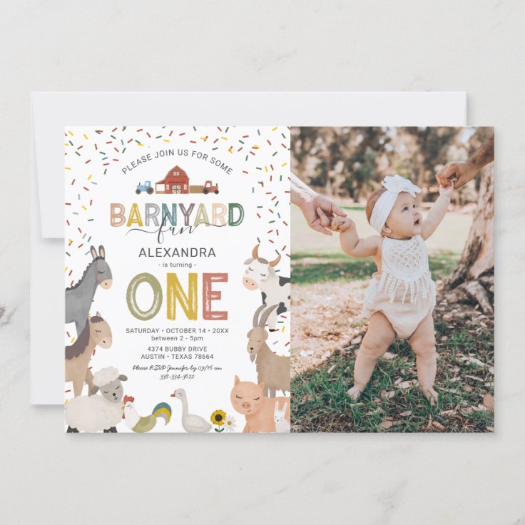 Photo Barnyard Farm First Birthday Invitation | Zazzle