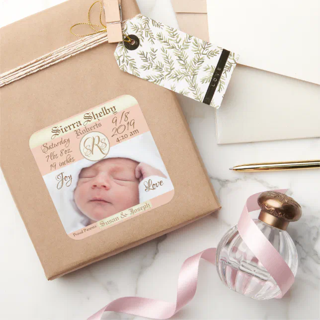 Photo Birth Stats Custom Baby Birth Announcement Square Sticker | Zazzle