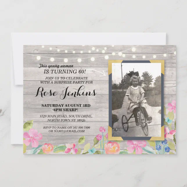 Photo Birthday Floral Rustic Wood Invitations | Zazzle
