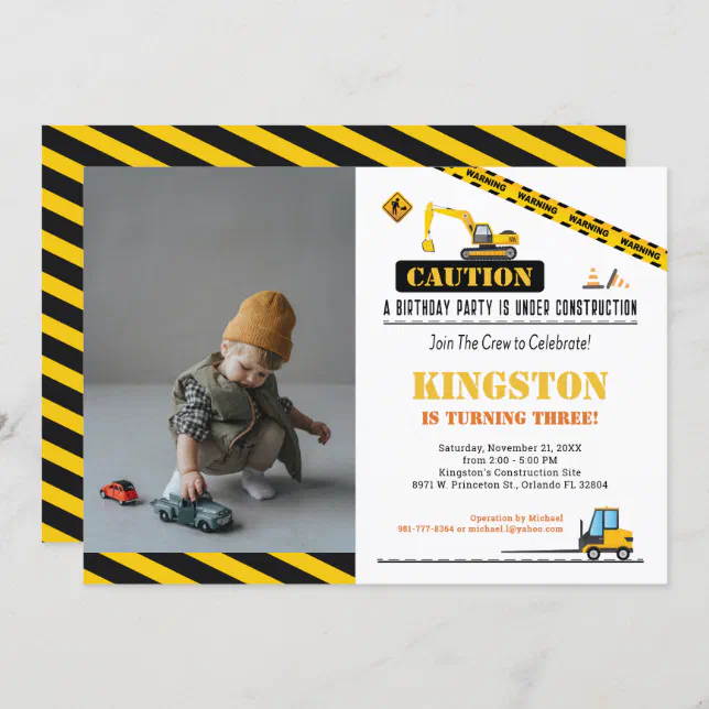Photo Birthday Kids Construction Stop The Traffic Invitation | Zazzle