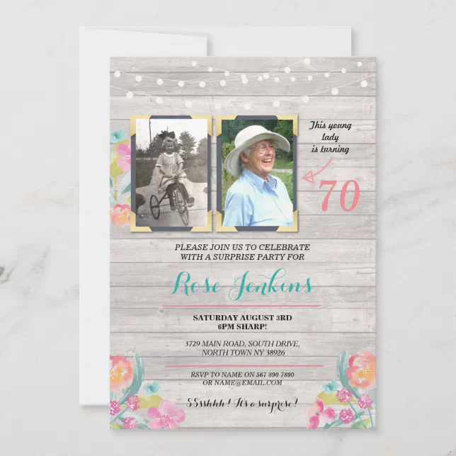 Photo Birthday Party Floral Rustic Wood 2 Pictures Invitation | Zazzle