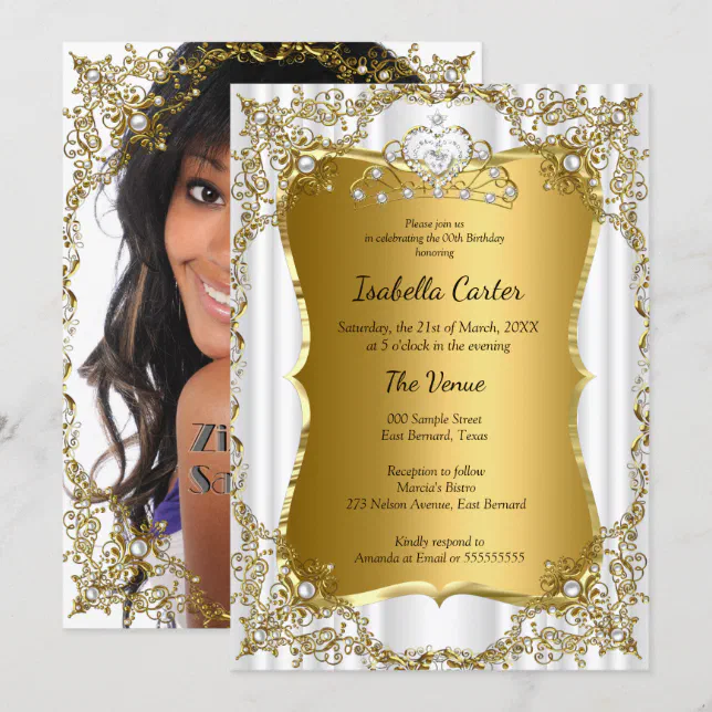 Photo Birthday Party Gold White Tiara Invitation | Zazzle