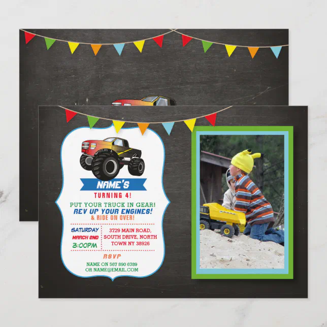 Photo Birthday Party Truck Car Monster Smash Invitation | Zazzle