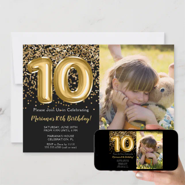 Photo Black Gold Kids Girl 10th Birthday Party Invitation | Zazzle