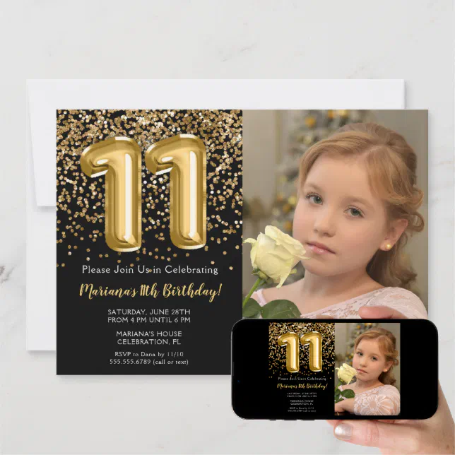 Photo Black Gold Kids Girl 11th Birthday Party Invitation | Zazzle