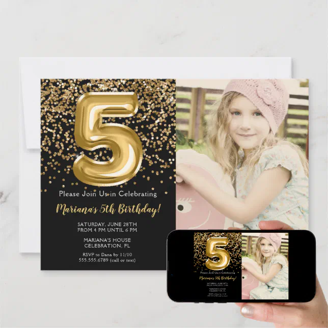 Photo Black Gold Kids Girl 5th Birthday Party Invitation | Zazzle