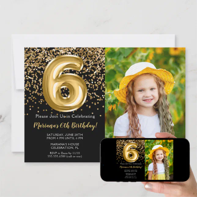 Photo Black Gold Kids Girl 6th Birthday Party Invitation | Zazzle