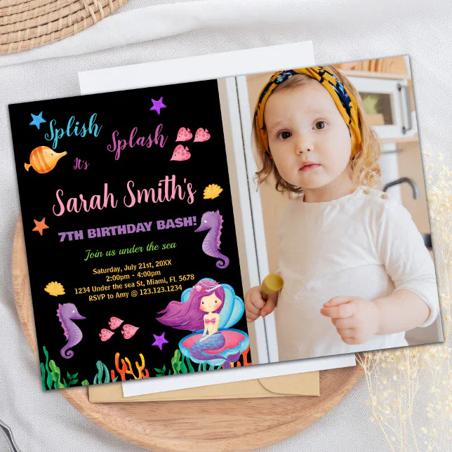 Photo Black Mermaid Sit on Purple Shell Birthday Invitation | Zazzle