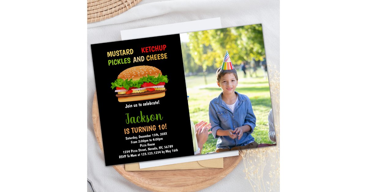 Photo Black Red Green Burger Birthday Invitations | Zazzle