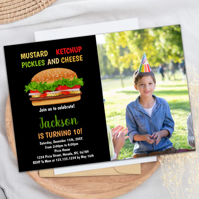 Photo Black Red Green Burger Birthday Invitations | Zazzle