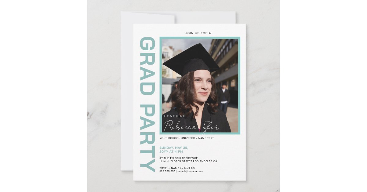 Photo, Black & Turquoise Text Grad Party Invite | Zazzle