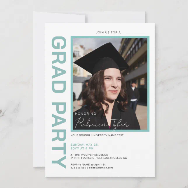 Photo, Black & Turquoise Text Grad Party Invite | Zazzle