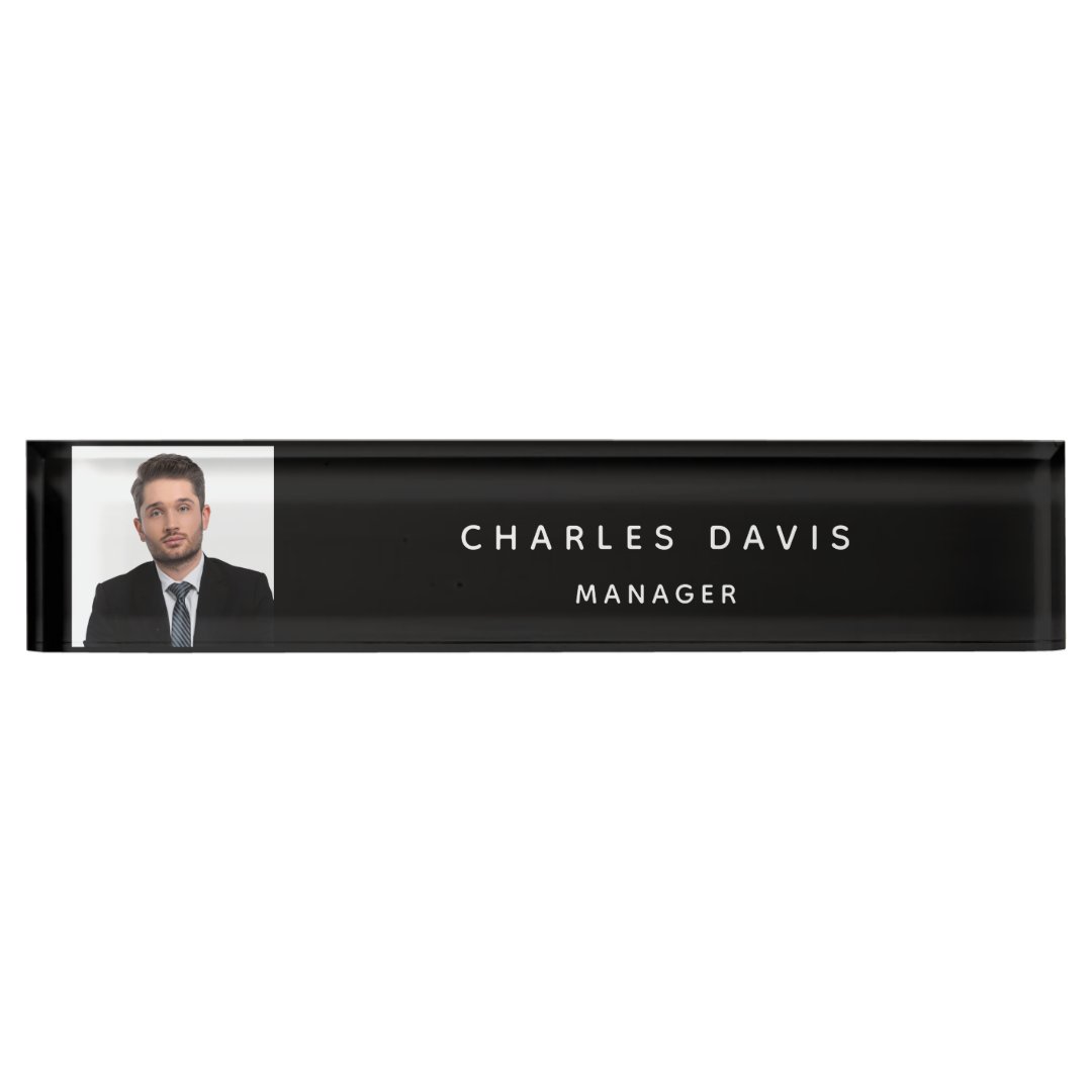 Photo black white monogram minimalist desk name plate | Zazzle