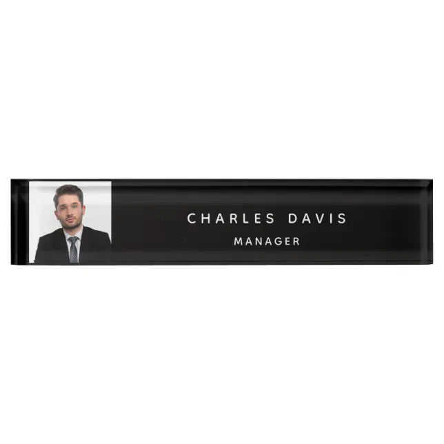 Photo black white monogram minimalist desk name plate | Zazzle