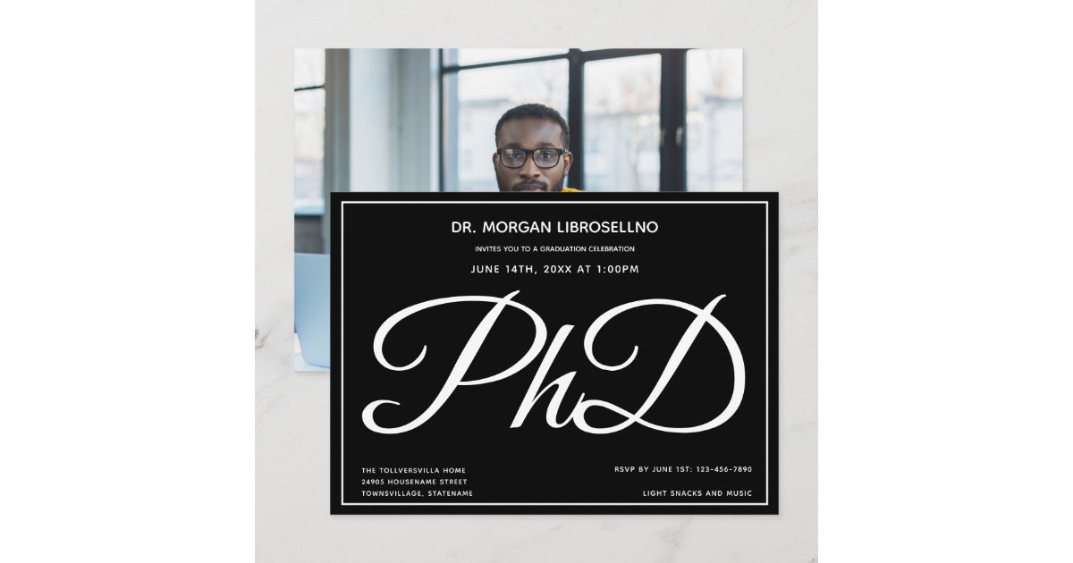 Photo Black White PhD Graduation Party Invitation | Zazzle
