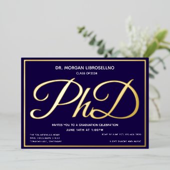 Photo Blue Gold PhD Graduation Foil Invitation | Zazzle