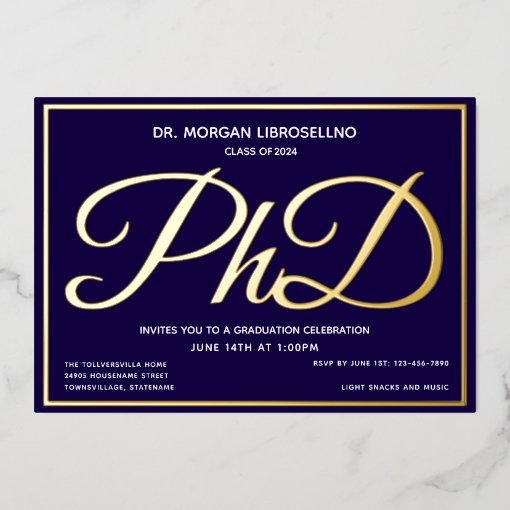 Photo Blue Gold PhD Graduation Foil Invitation | Zazzle