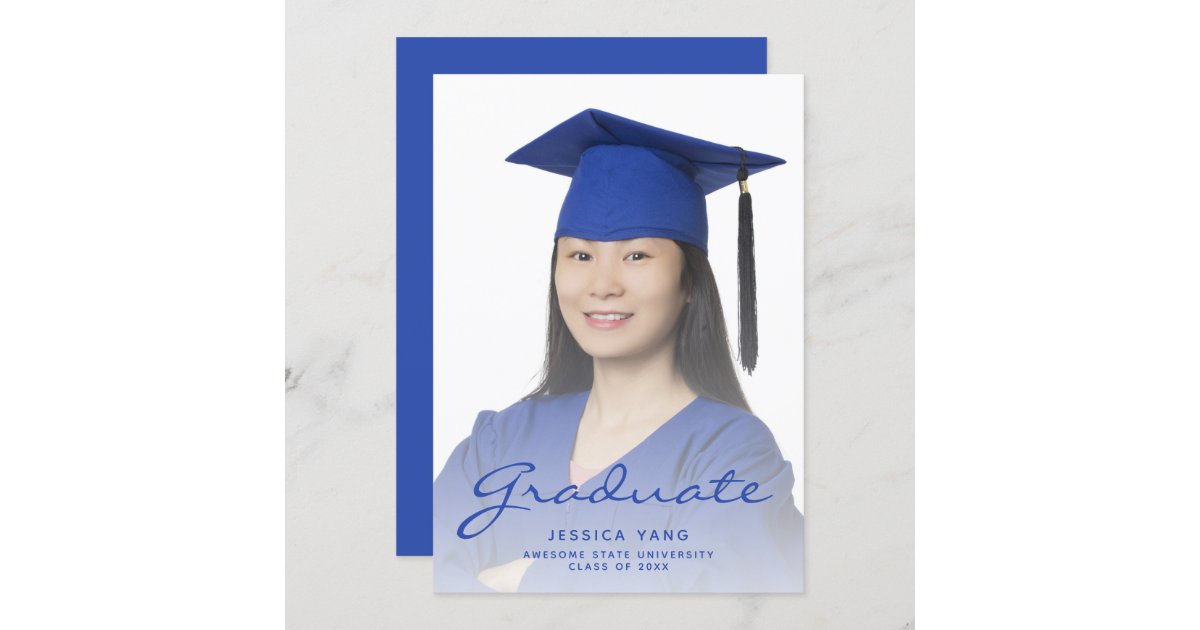 Photo Blue Script Graduation Announcement | Zazzle