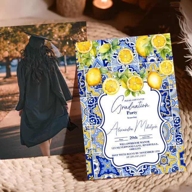Photo Blue tiles Lemons Graduation Invitation | Zazzle
