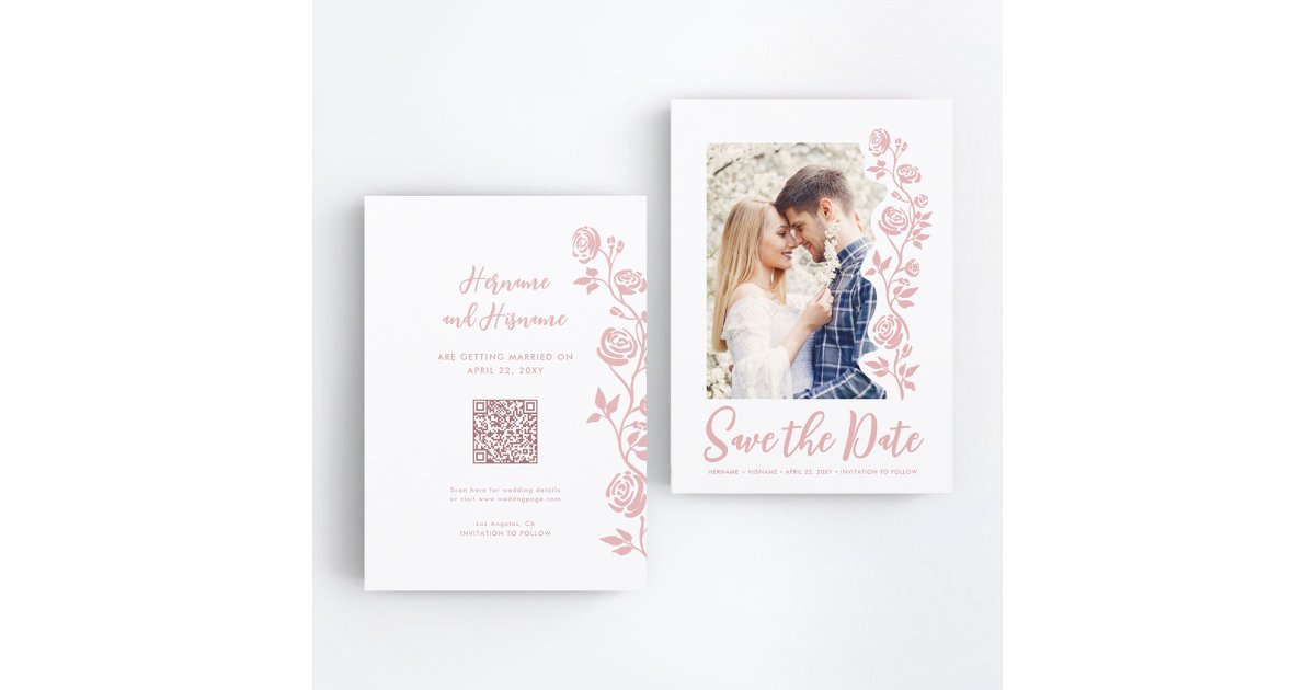 Photo Blush Hand Drawn Roses QR Code Website Save The Date | Zazzle
