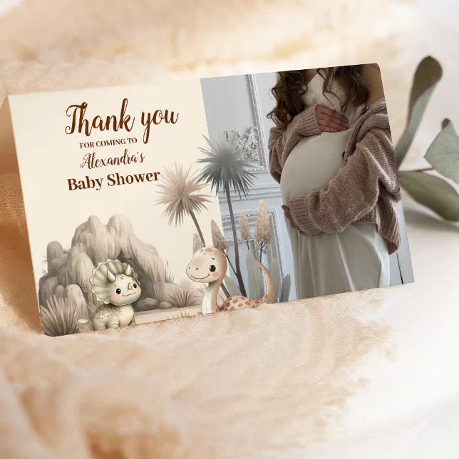 Photo Boho Cute Hatching Soon Dinosaur Baby Shower Thank You Card | Zazzle