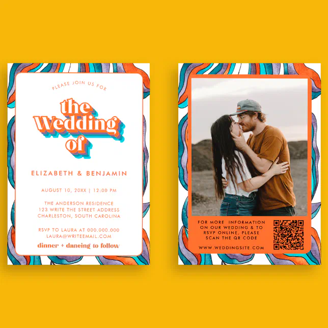 Photo Boho Groovy Retro Blue QR Code Wavy Wedding Invitation | Zazzle
