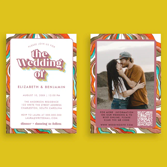Photo Boho Groovy Retro QR Code Pink Wavy Wedding Invitation | Zazzle