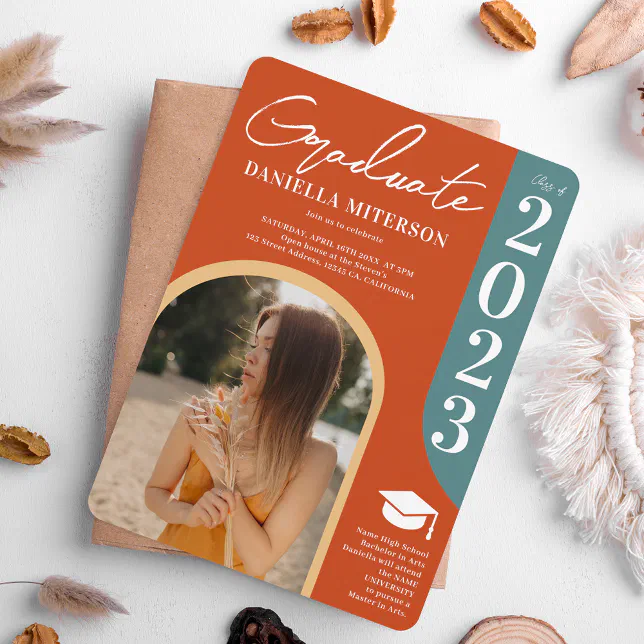 Photo bold 2023 arch burnt orange graduation invitation | Zazzle