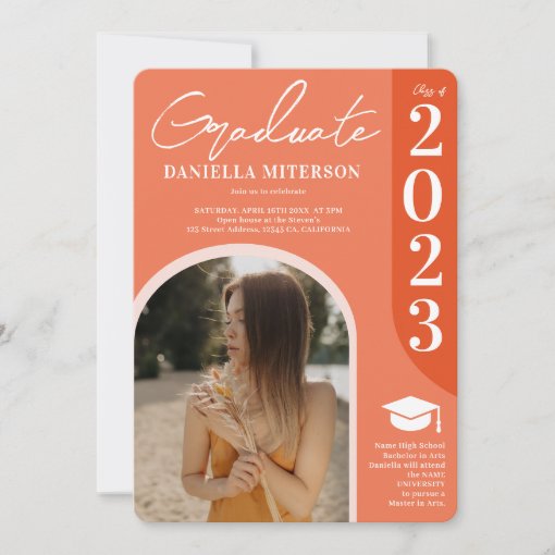 Photo bold 2023 arch coral orange graduation invitation | Zazzle