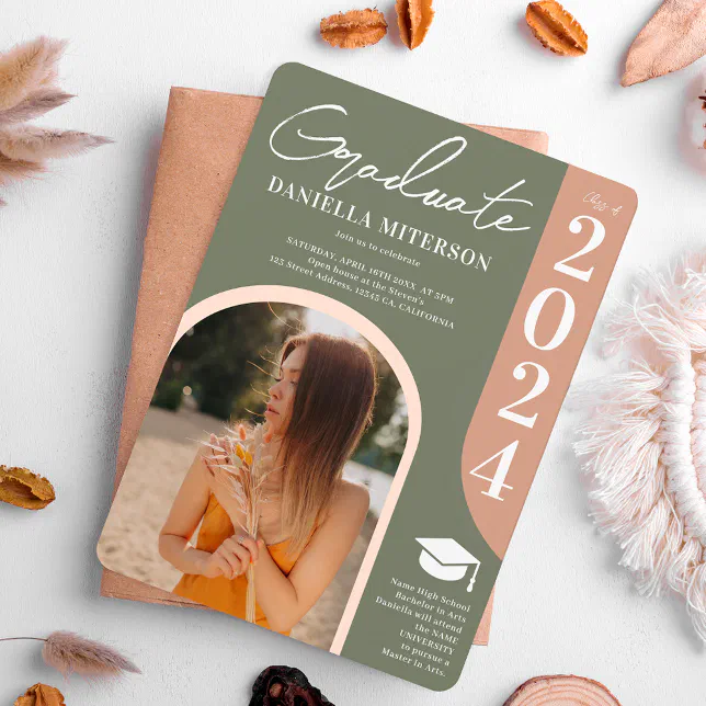 Photo bold 2024 arch green pink graduation invitation | Zazzle