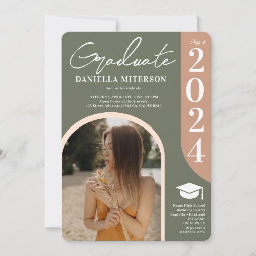 Photo bold 2024 arch green pink graduation invitation | Zazzle