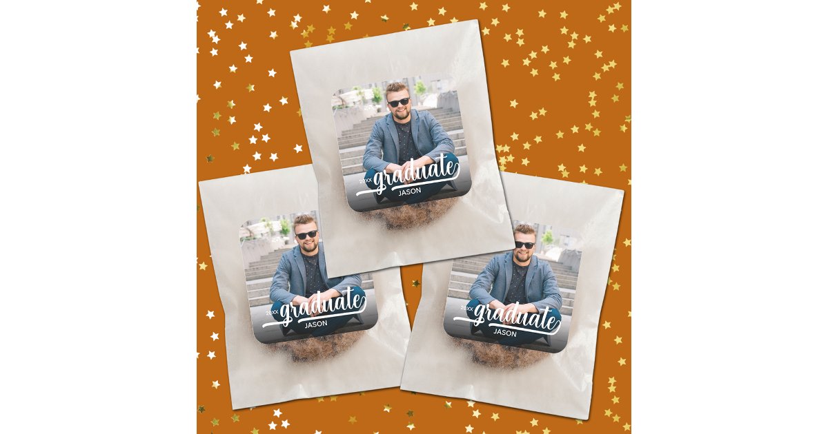 Photo Bold Script Graduate Square Sticker | Zazzle