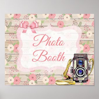 Photo Booth Sign Pink Rustic Wood Floral Poster | Zazzle