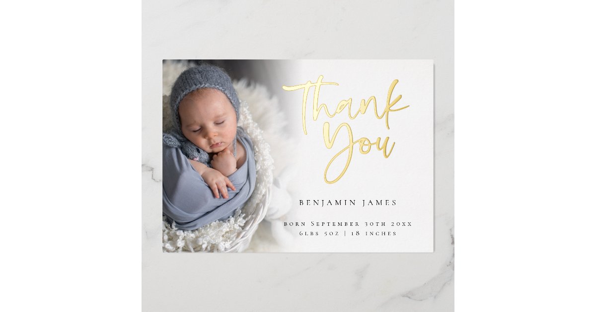 Photo Boy Thank You Birth Announcement Foil Card | Zazzle