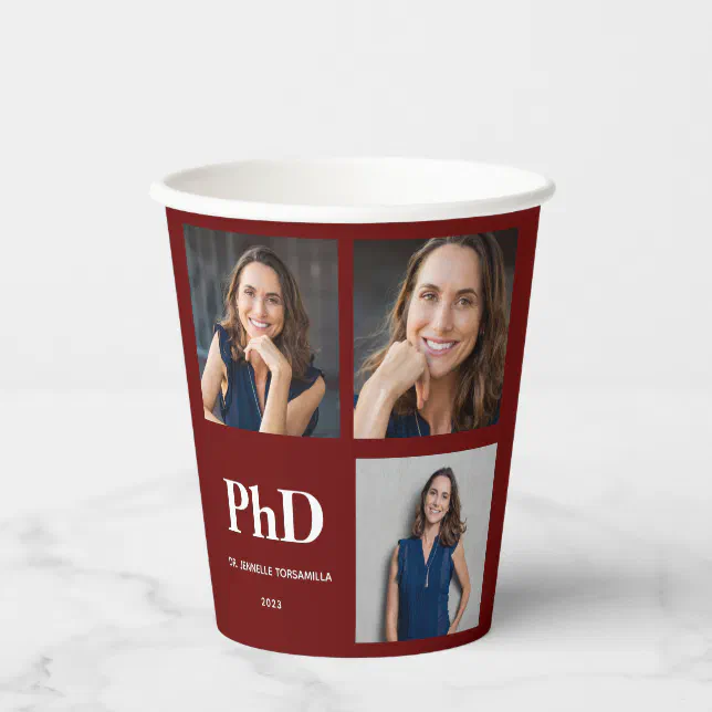 Photo Burgundy PhD Graduation Paper Cups | Zazzle