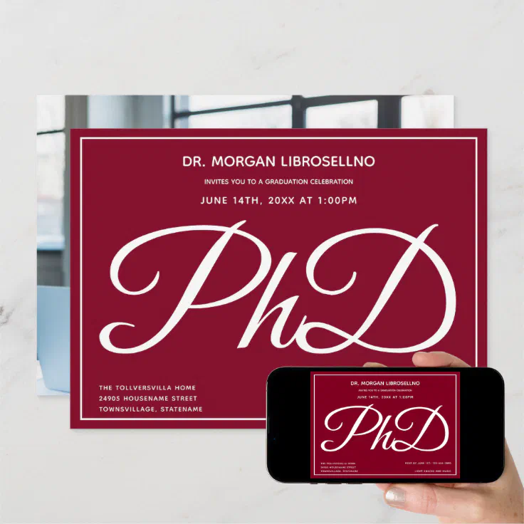 Photo Burgundy PhD Graduation Party Invitation | Zazzle