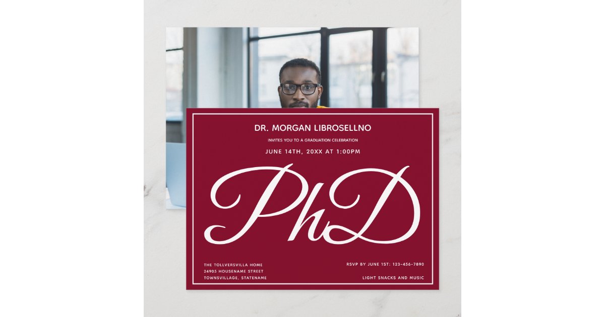 Photo Burgundy PhD Graduation Party Invitation | Zazzle