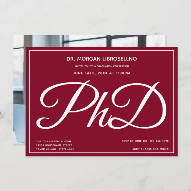 Photo Burgundy PhD Graduation Party Invitation | Zazzle