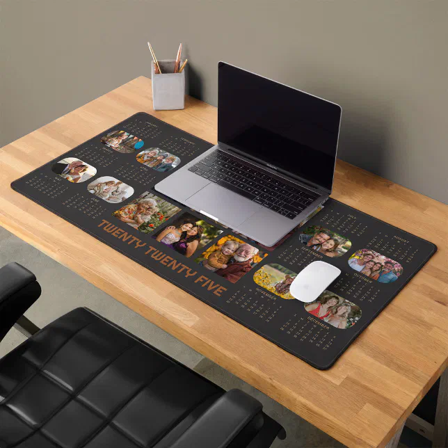 Photo Calendar 2025 Full Year 14 Photos Black Desk Mat | Zazzle