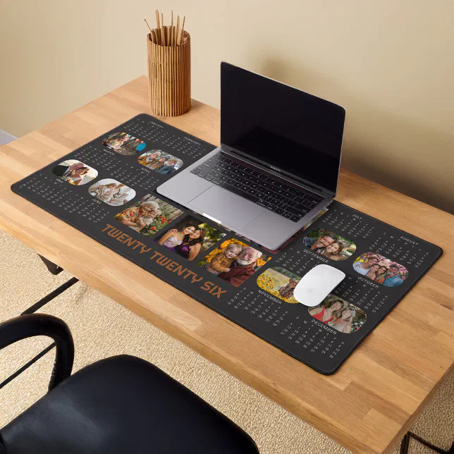 Photo Calendar 2026 Full Year 14 Photos Black Desk Mat | Zazzle