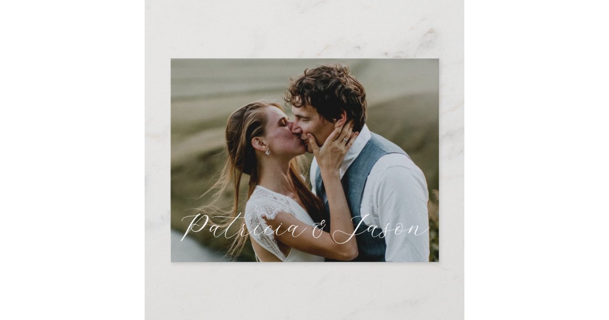 Photo calligraphy minimalist wedding postcard | Zazzle