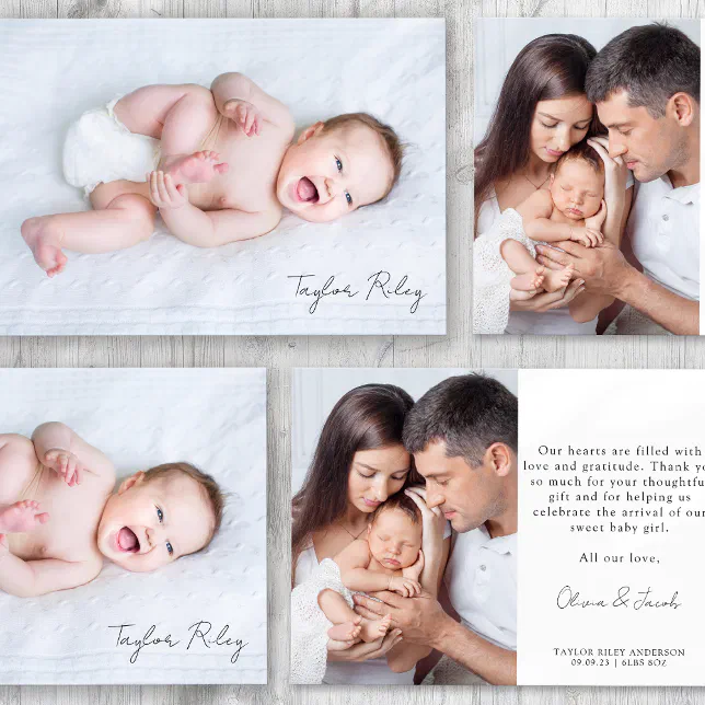 Photo Calligraphy Name Birth Stats New Baby Thank You Card | Zazzle